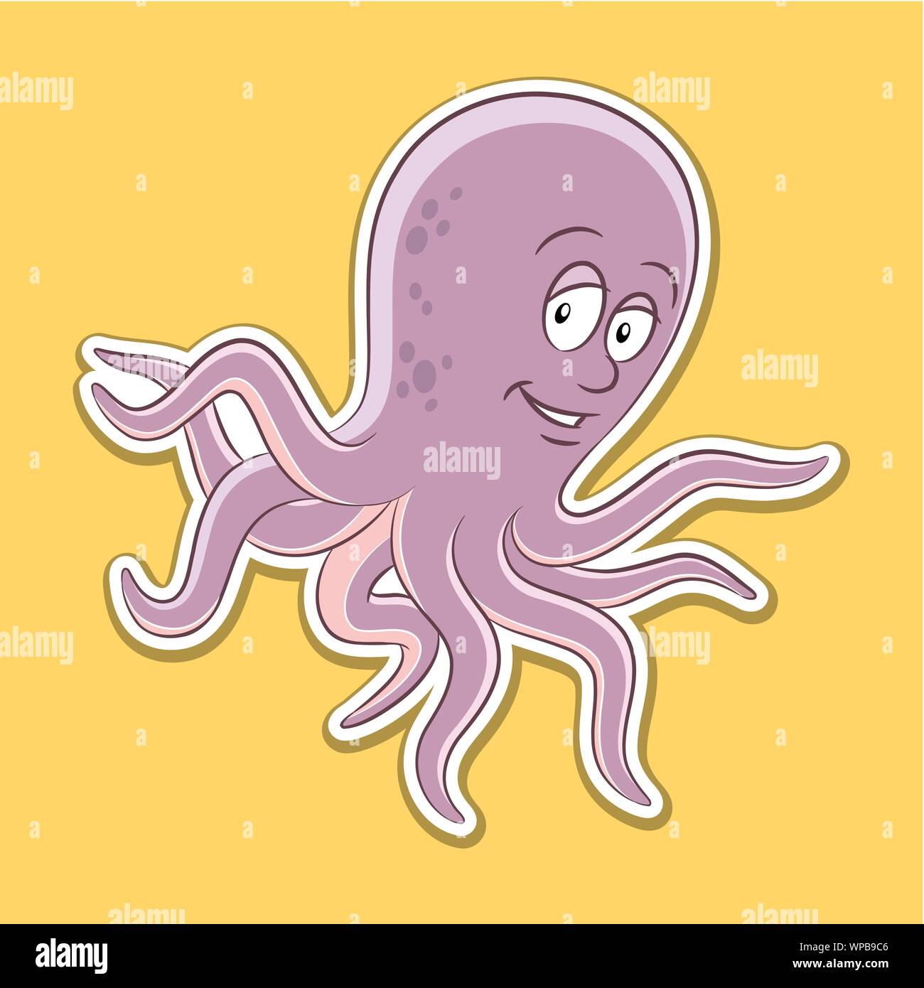 Vector Illustration of Sticker of Octopus Cartoon on a Yellow ...