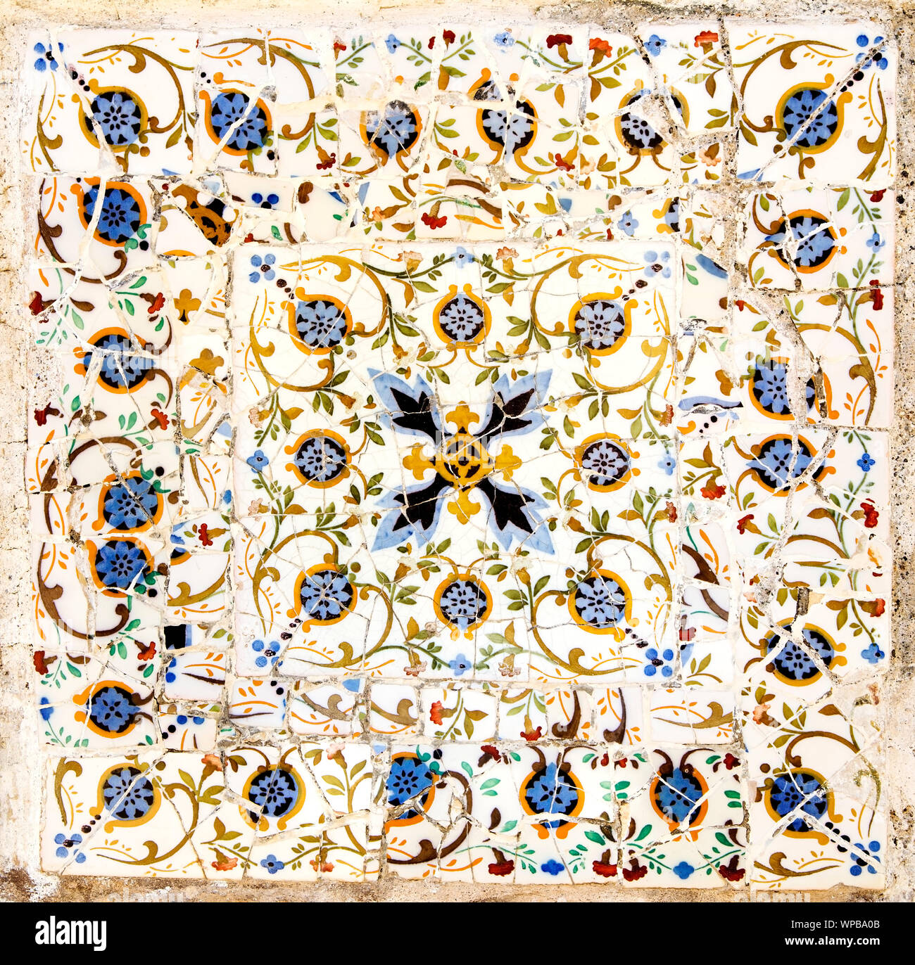 Decorative ceramic tiles in Park Guell designed by Antonio Gaudi Stock ...