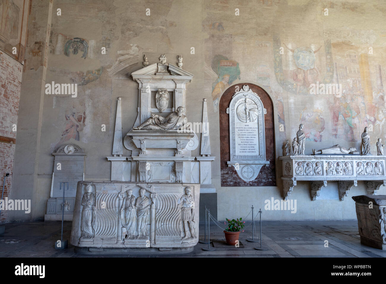Pisa, Italy - June 29, 2018: Panoramic view of interior of Campo Santo ...