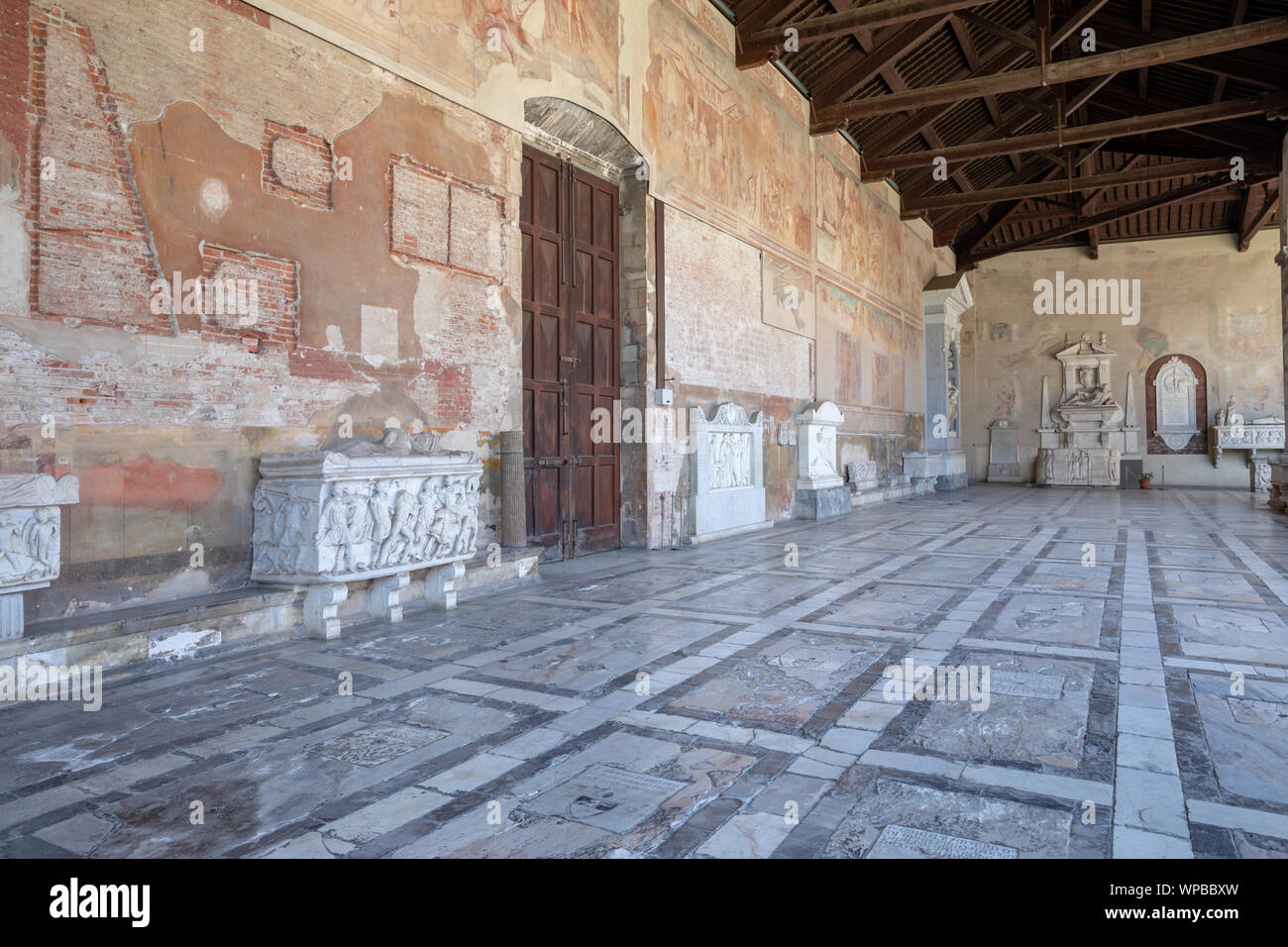 Pisa, Italy - June 29, 2018: Panoramic view of interior of Campo Santo ...