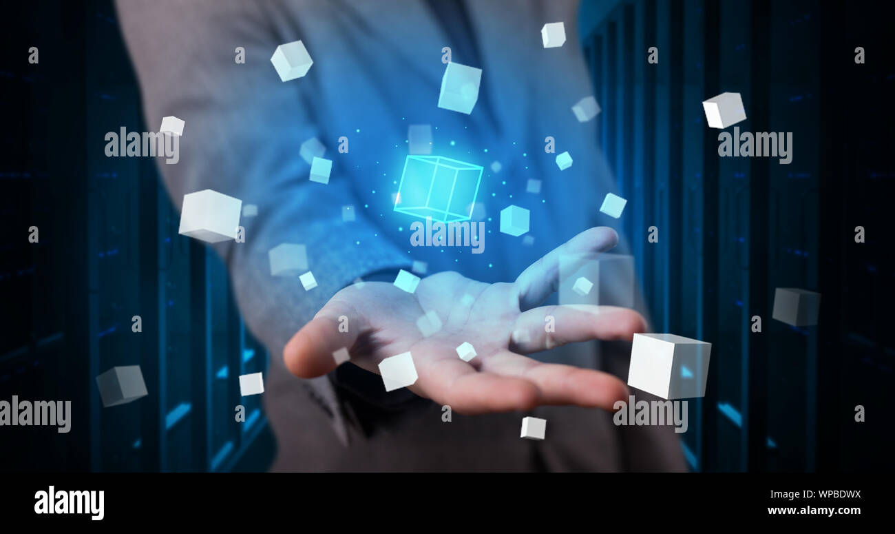 Person holding hologram projection displaying white cubes in server ...