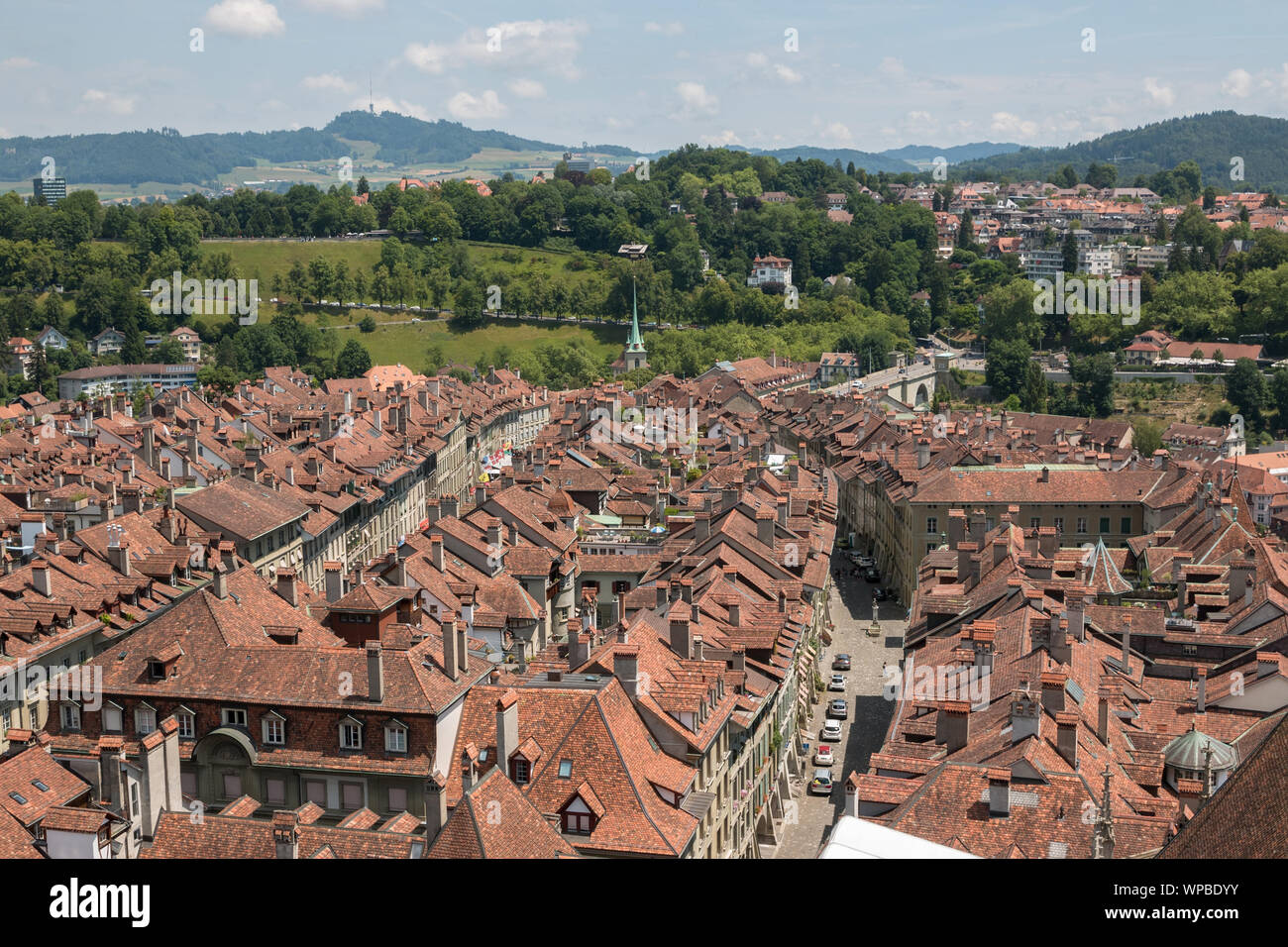 Aerial panorama of historic Bern city center from Bern Minster ...