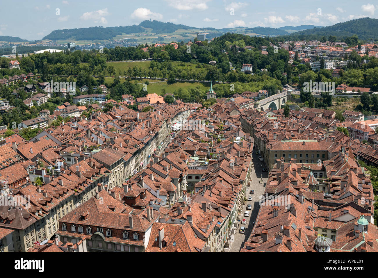Aerial panorama of historic Bern city center from Bern Minster ...