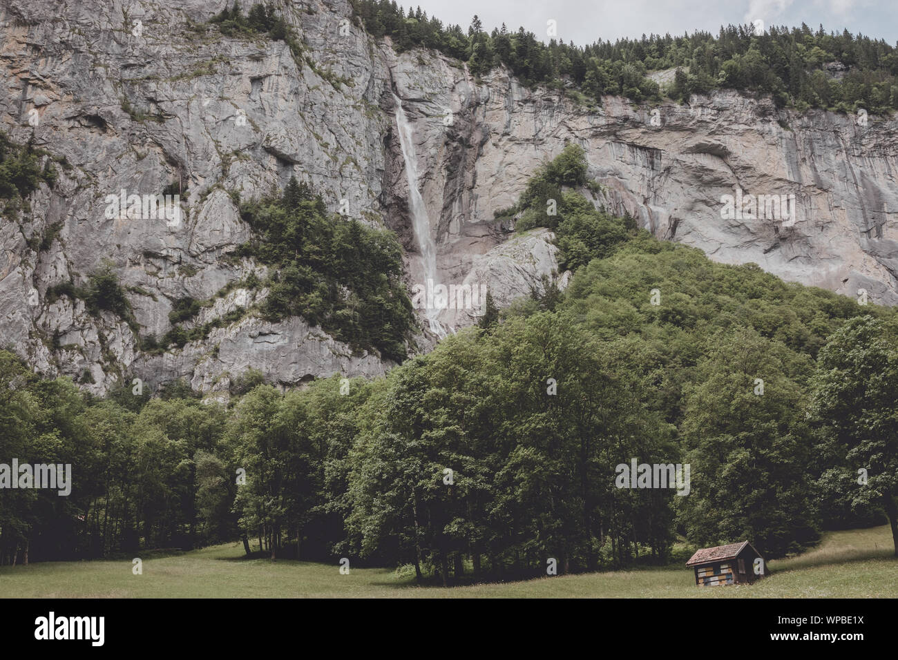 View valley of waterfalls in national park of city Lauterbrunnen ...