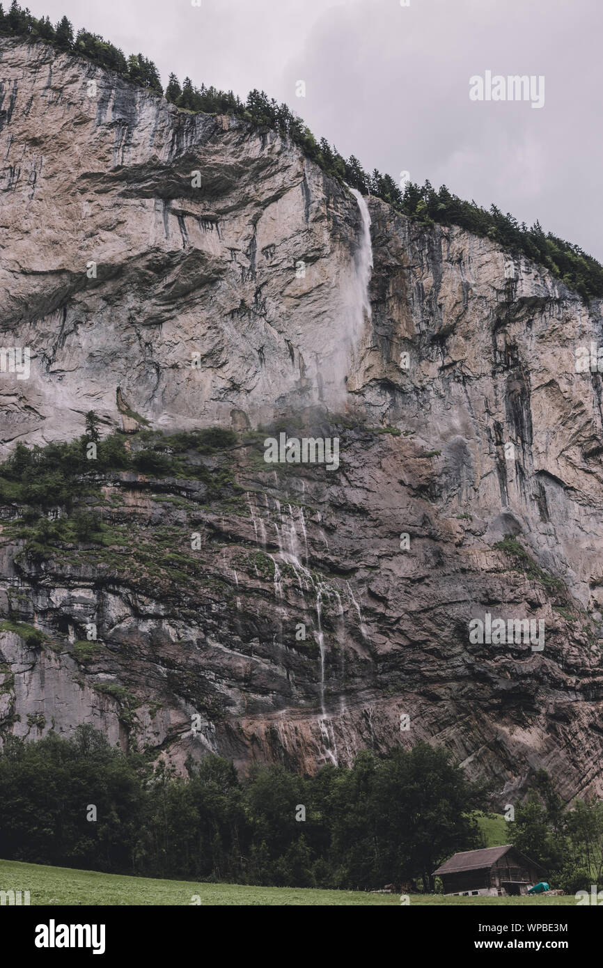 View closeup waterfall Staubbach fall in mountains, valley of ...
