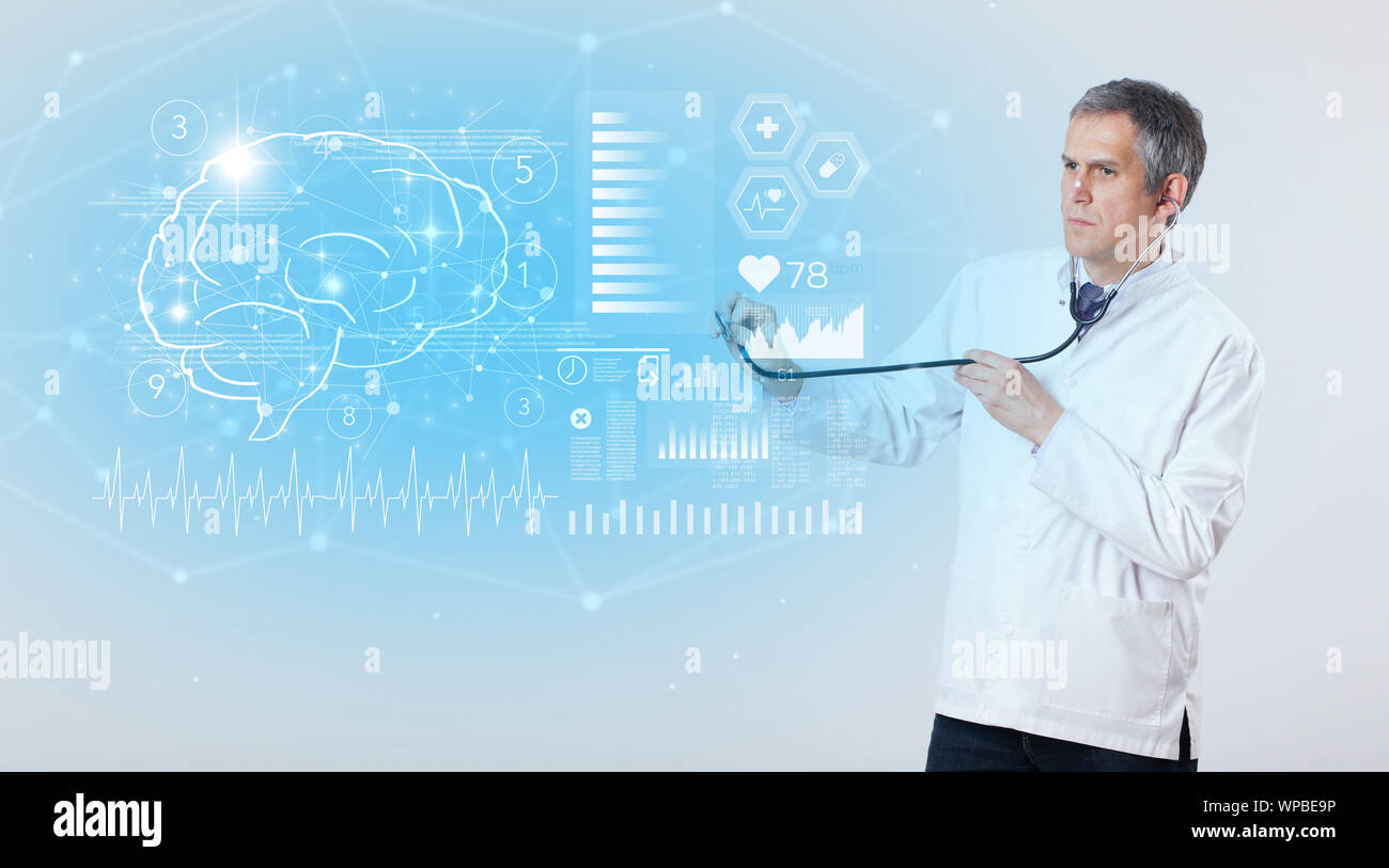 Middle aged neurologist showing the test result Stock Photo - Alamy