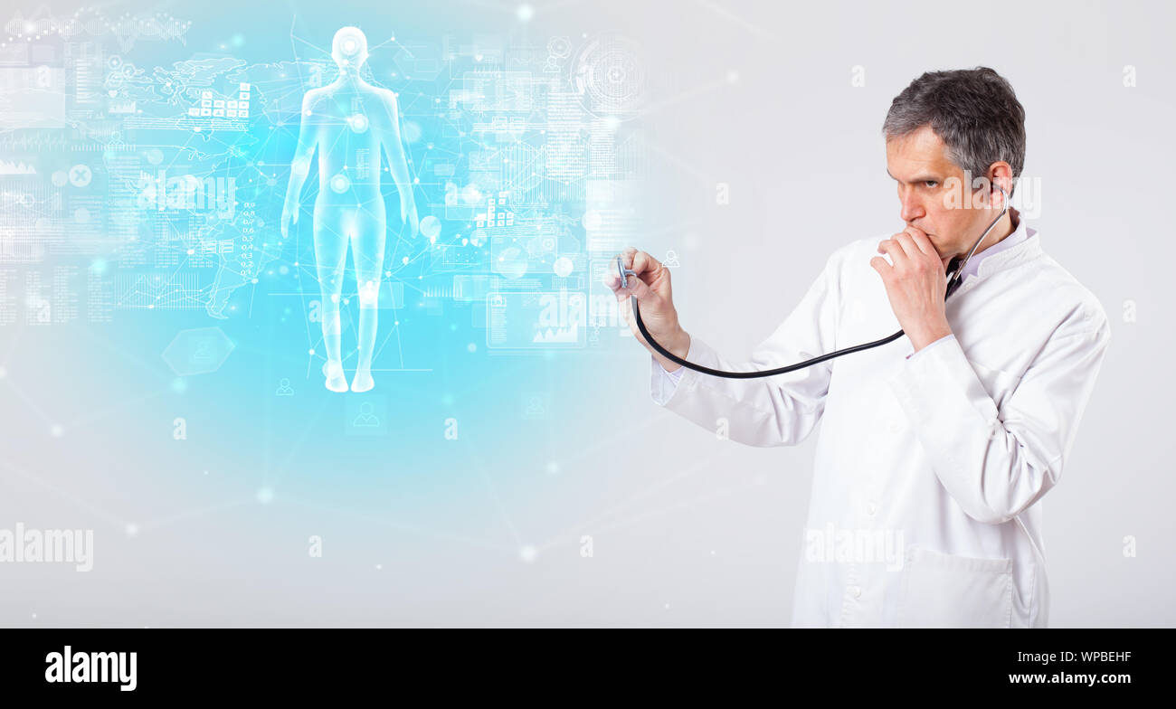 Middle aged scientist with full body map concept Stock Photo - Alamy