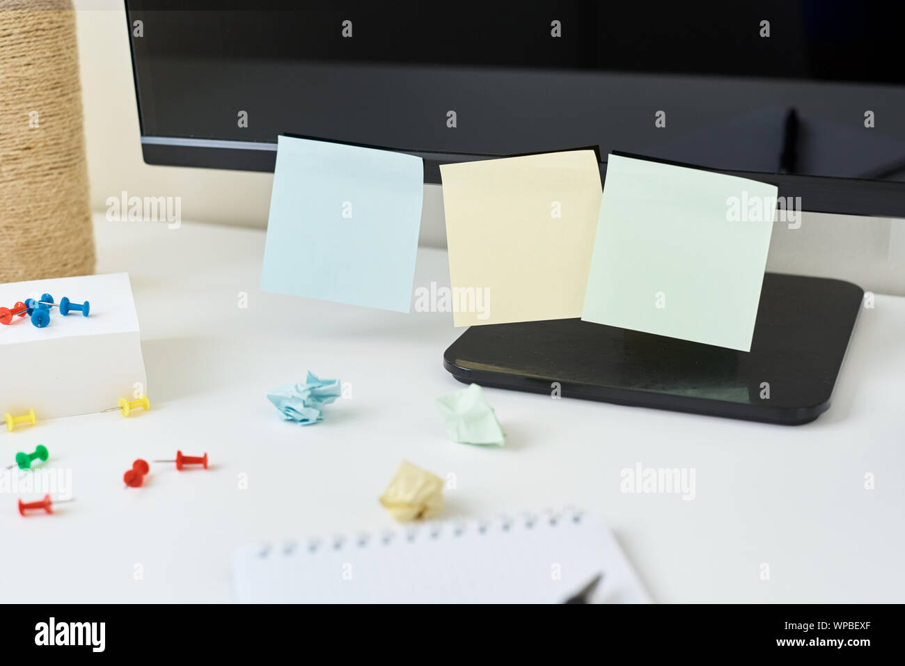 Modern workspace background. Workplace with office supplies and sticky ...