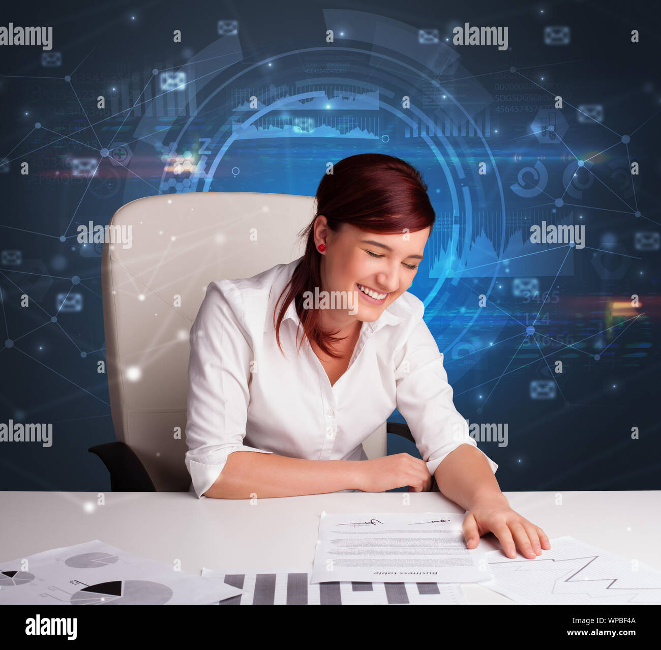 Manager in front of the office desk with connections and teamwork ...