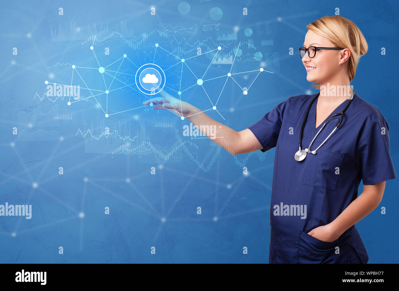 Doctor touching blue screen with virtual hospital concept Stock Photo ...
