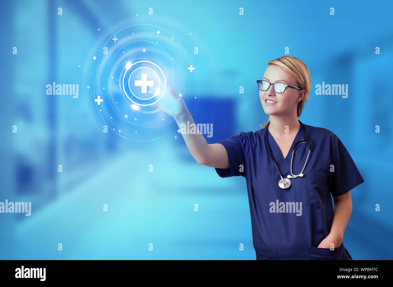 Doctor touching blue screen with call center concept Stock Photo - Alamy