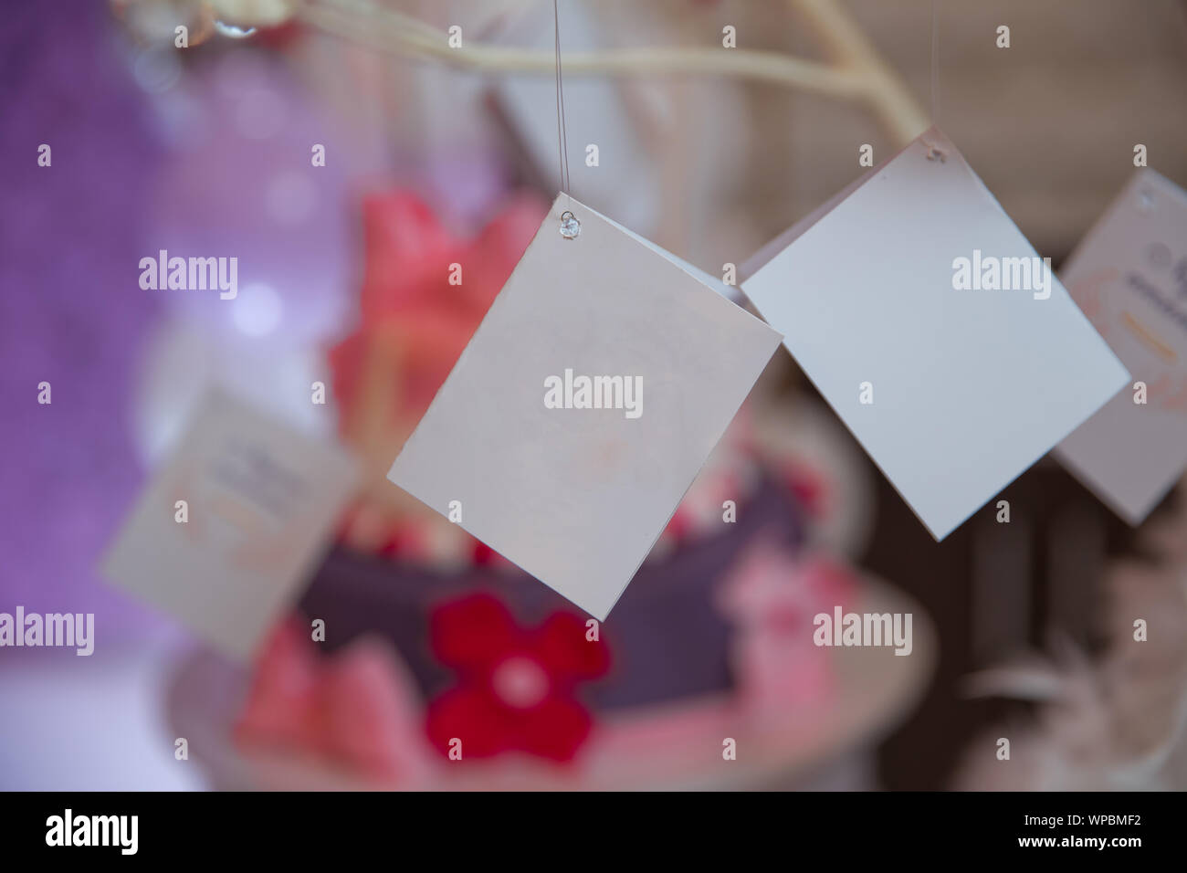 Blank card hanging on string with peg . A sheet of paper on a rope with ...