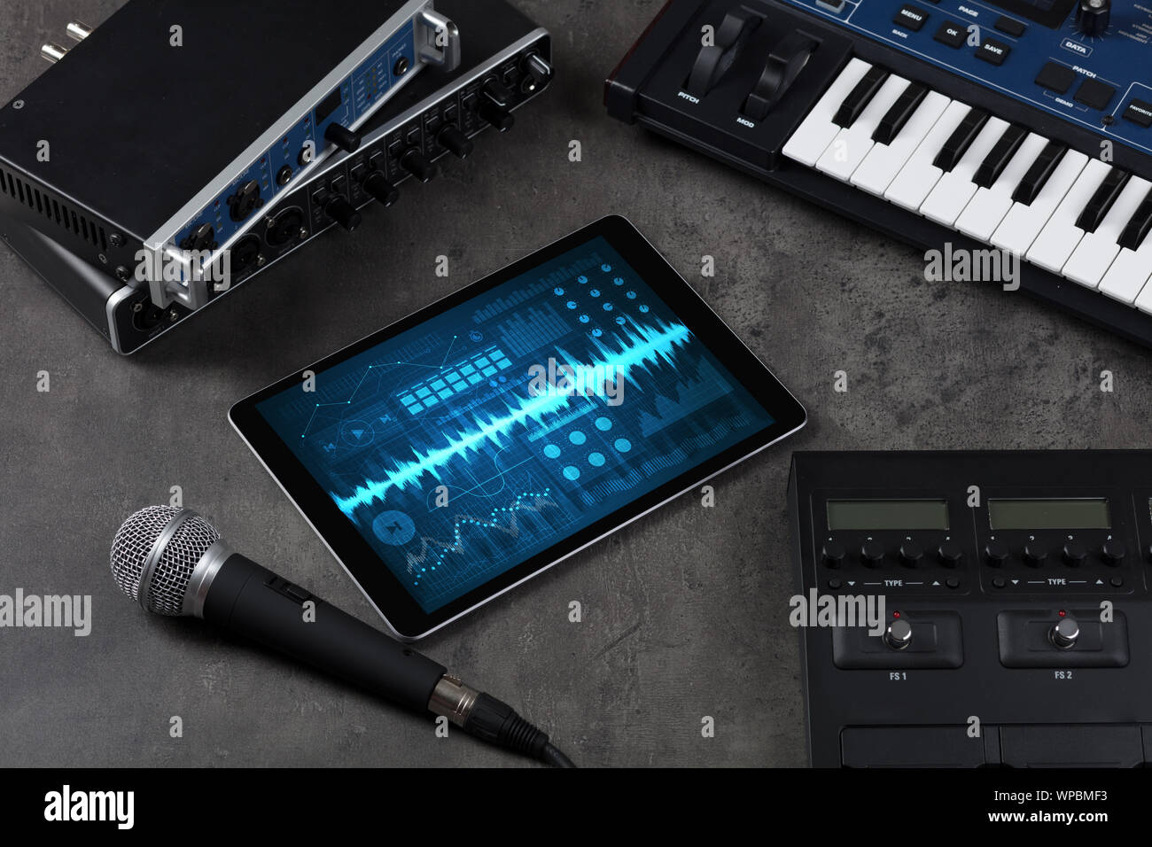 Music instruments and tablet with recording sound concept Stock Photo ...