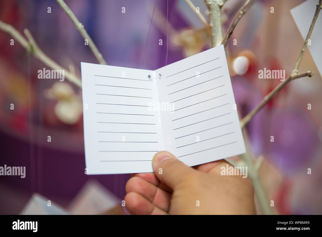Blank card hanging on string with peg . A sheet of paper on a rope with ...