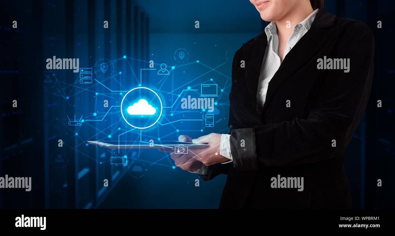 Formal hand in server room with virtual workspace concept Stock Photo ...