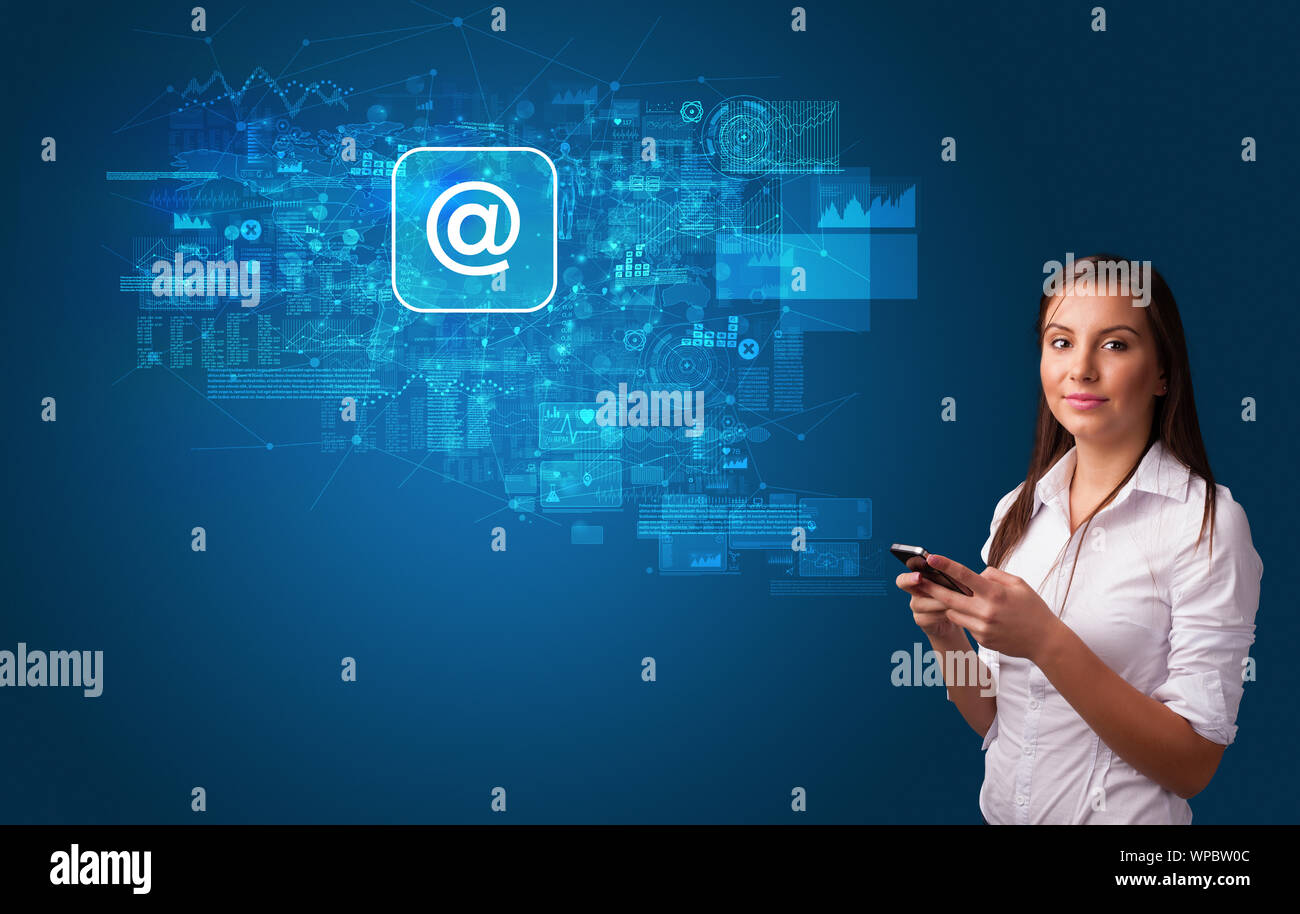 Young person using phone with mail and online communication concept ...