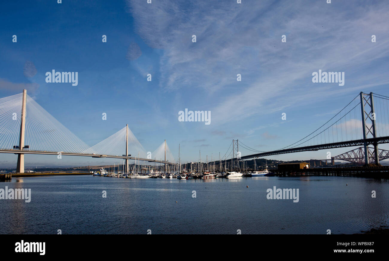 The three bridges over the Forth from South Queensferry, Scotland Stock ...