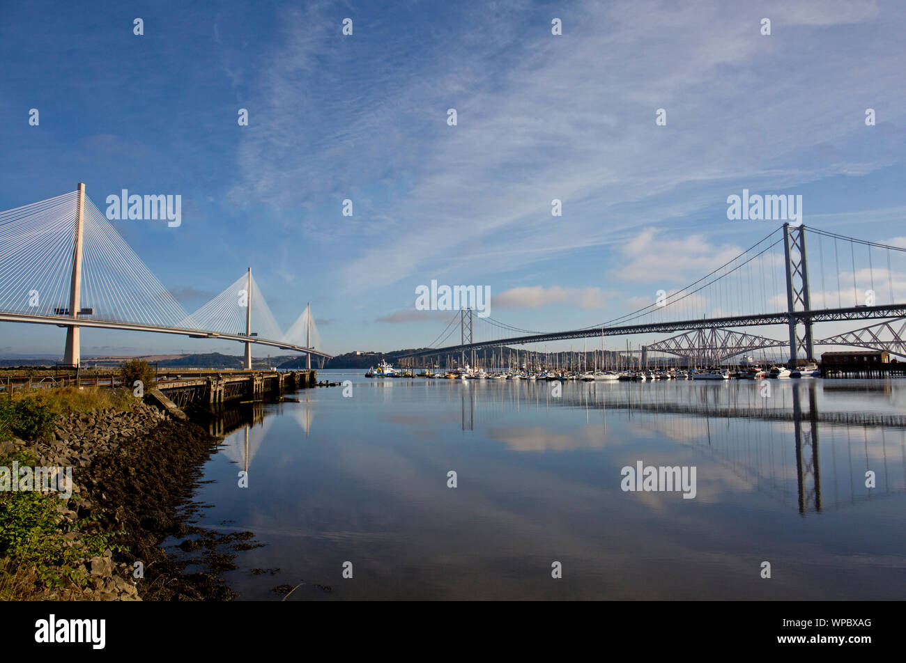 The three bridges over the Forth from South Queensferry, Scotland Stock ...