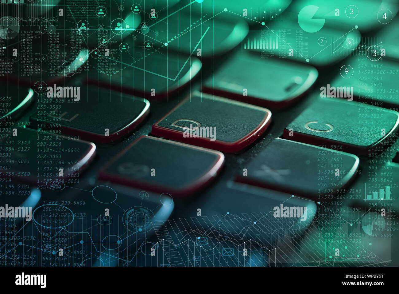 Close-up dark keyboard with contacts and online management concept ...