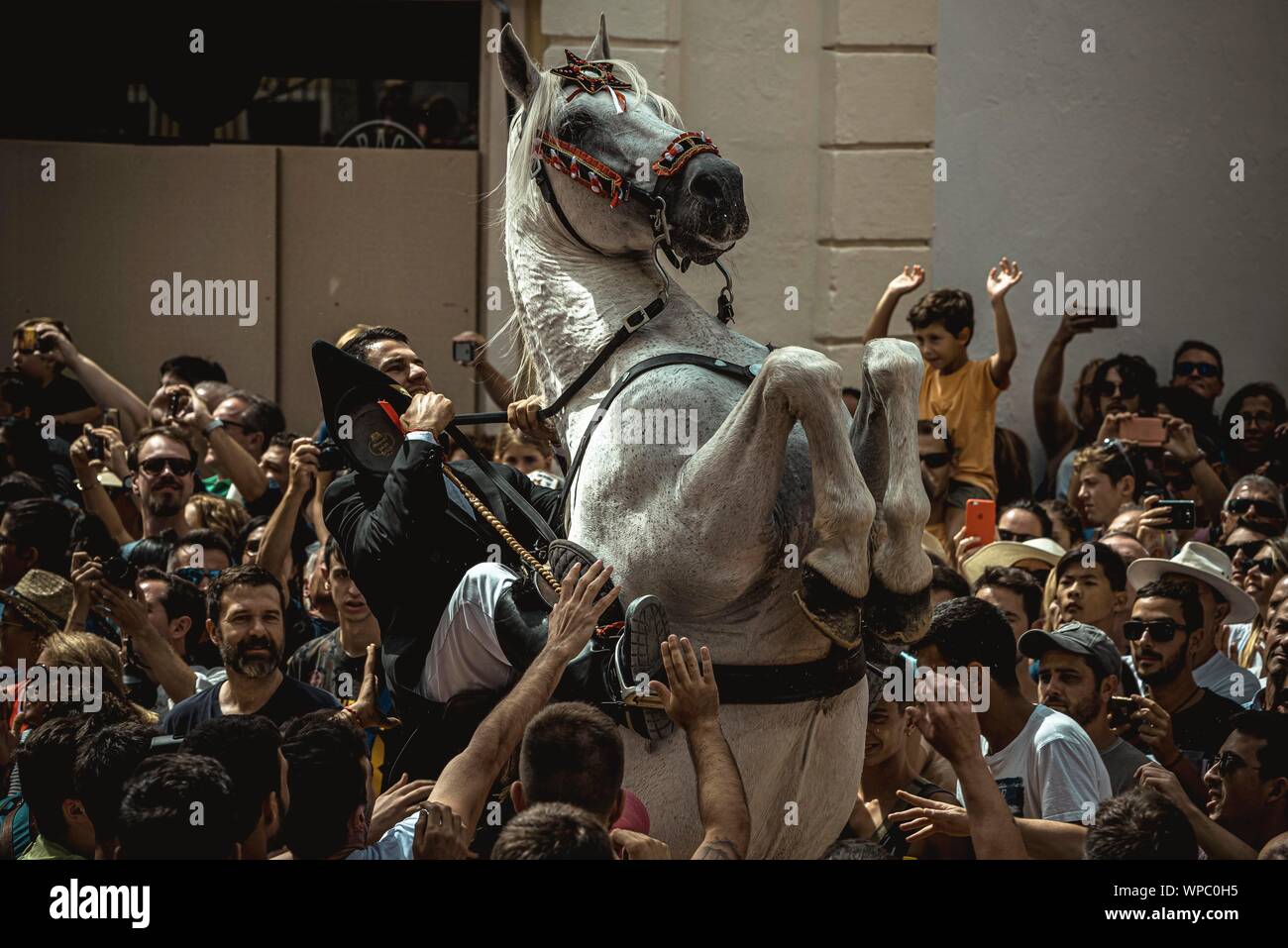 Mahon, Spain. 8th Sep, 2019. A 'caixer' (horse rider) rears up on his ...