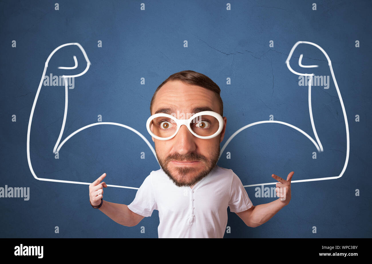 Big head on small body dreaming about being strong Stock Photo - Alamy