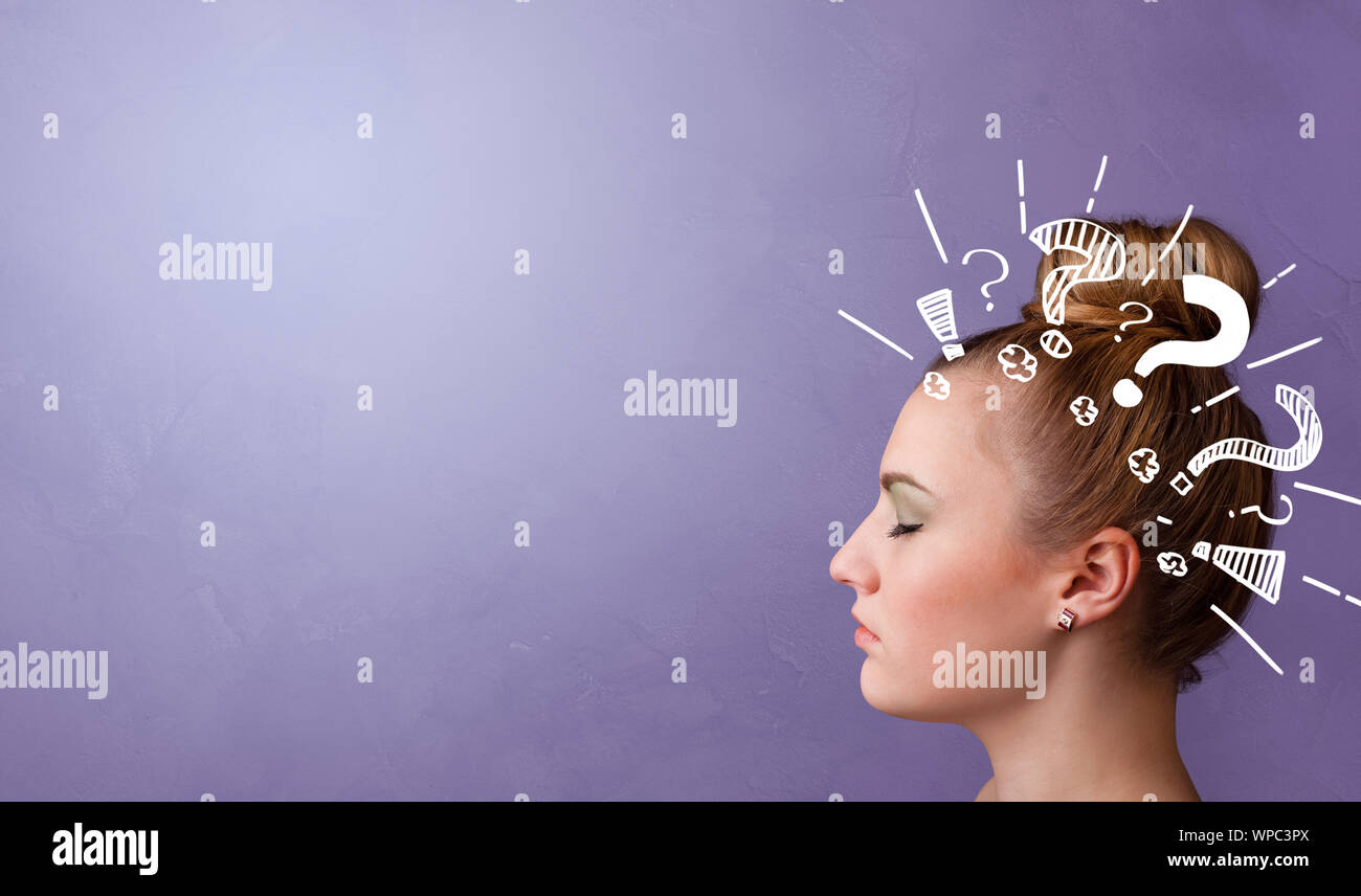 Head with white question marks, and copy space Stock Photo - Alamy