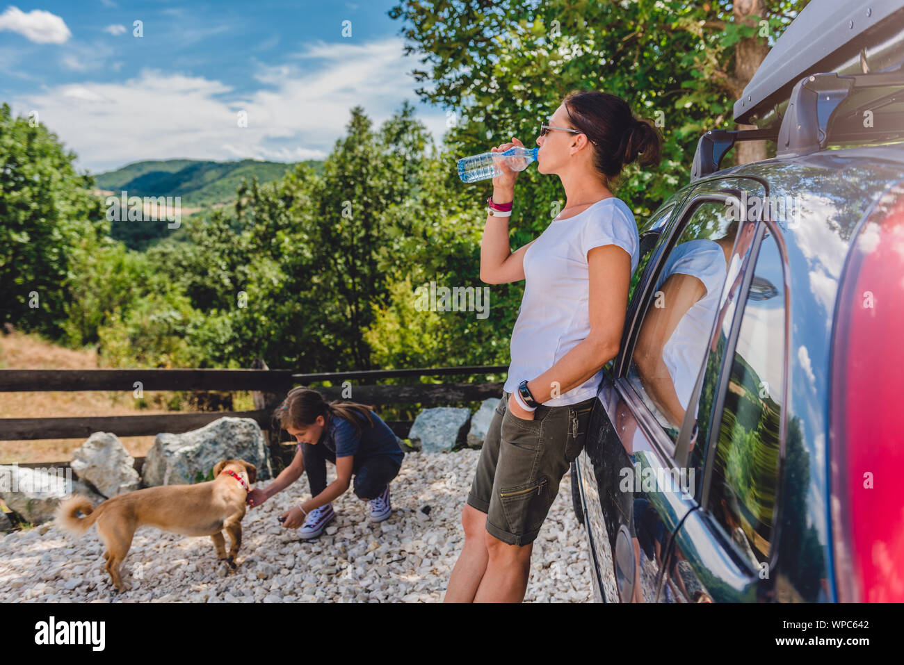 Family on a road trip taking a break to stretch legs after driving ...
