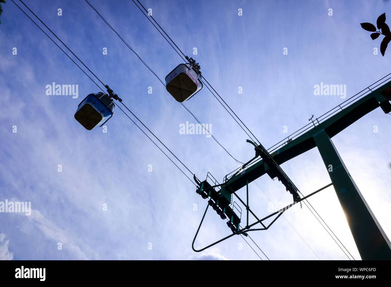 Cabins of a cable car seen from below in backlight Stock Photo - Alamy