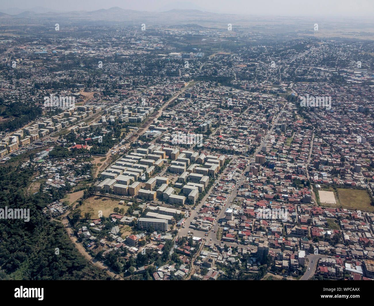 High aerial view of the sprawling city of Addis Ababa, Ethiopia Stock ...