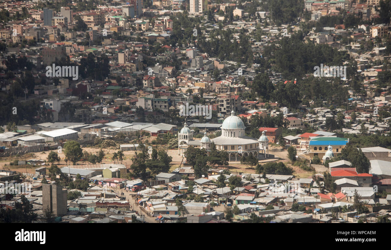 Aerial view of Addis Ababa, Ethiopia with Ethiopian Orthodox church in ...