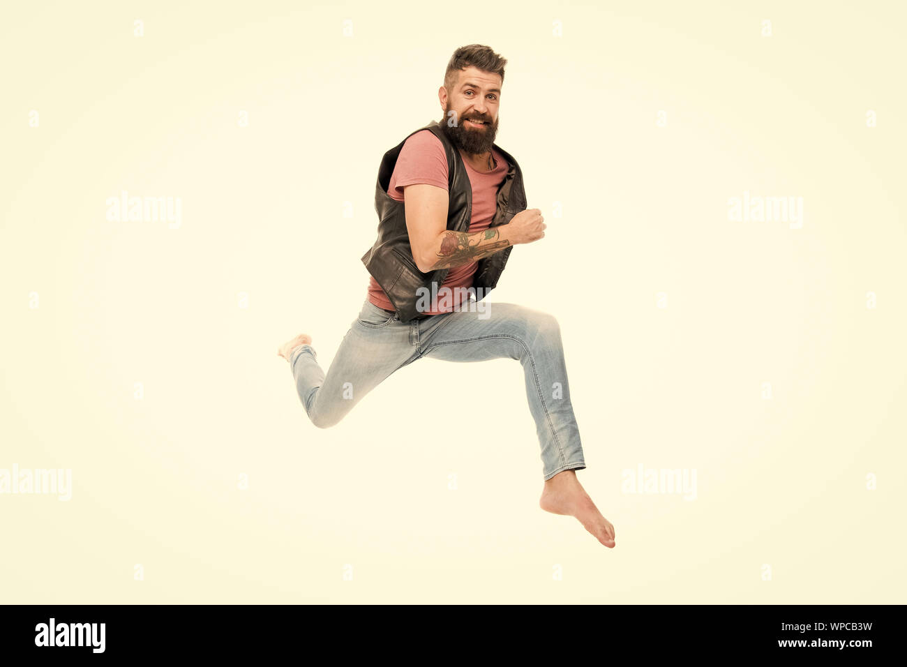 Hurry up. Guy happy cheerful face having fun run jumping. Life in ...