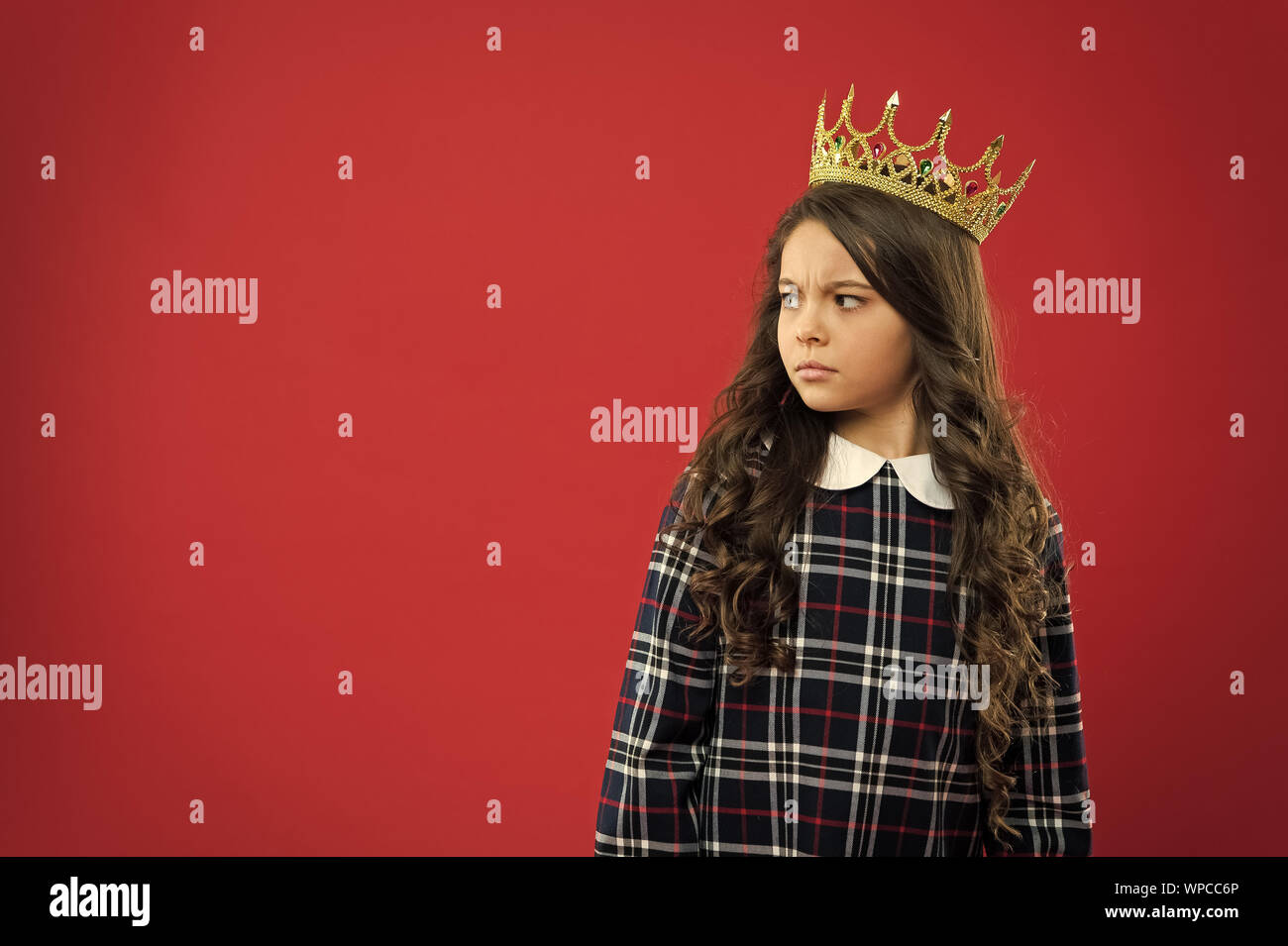 Lady little princess. Girl wear crown red background. Monarch family ...