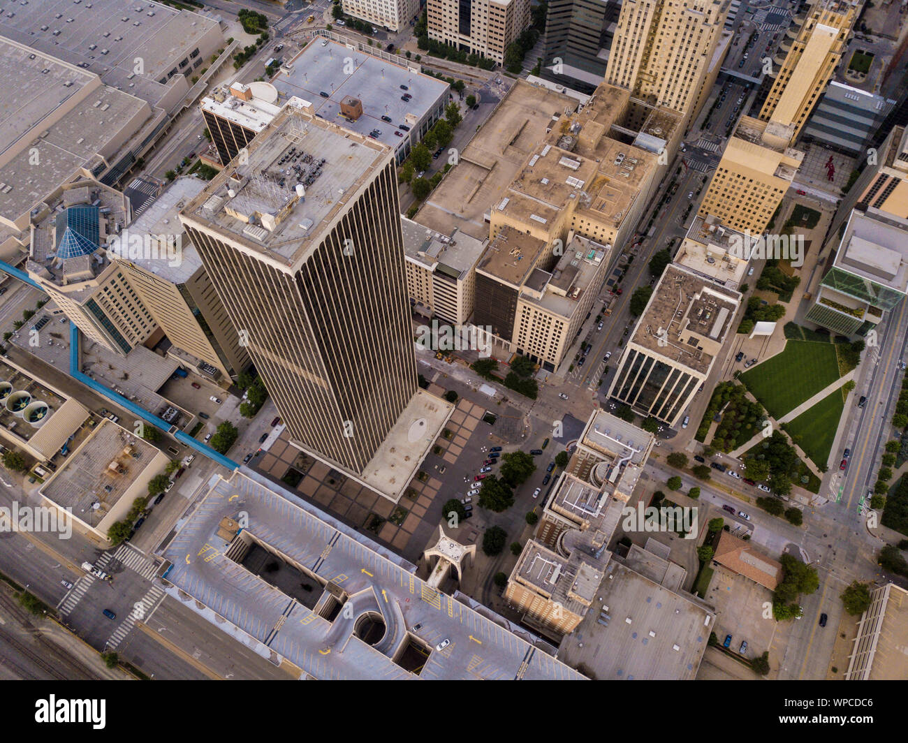 Aerial high angle view of cityscape and skyscrapers in downtown ...