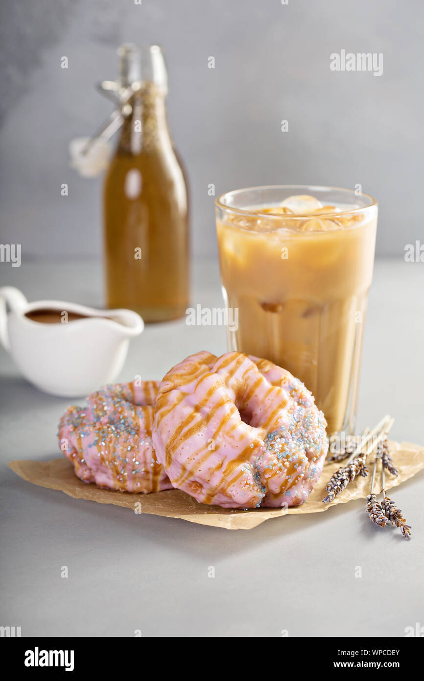 Lavender caramel donuts with iced coffee Stock Photo - Alamy