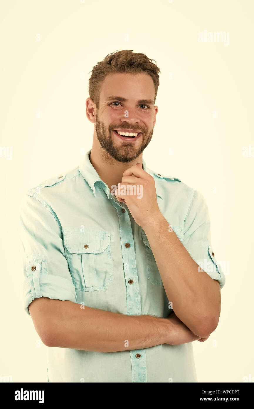 Nice Idea Man Handsome Bearded Guy Smiling On White Background