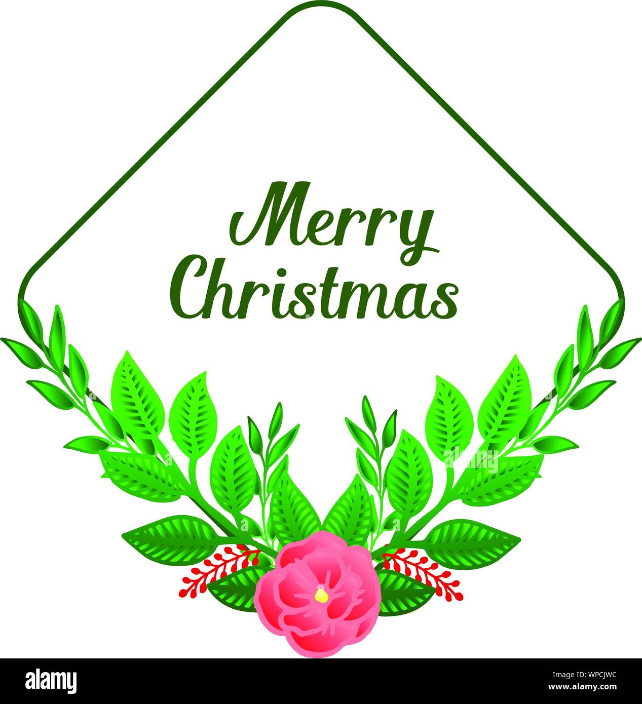 Lettering design merry christmas, with bright green leafy flower frame ...