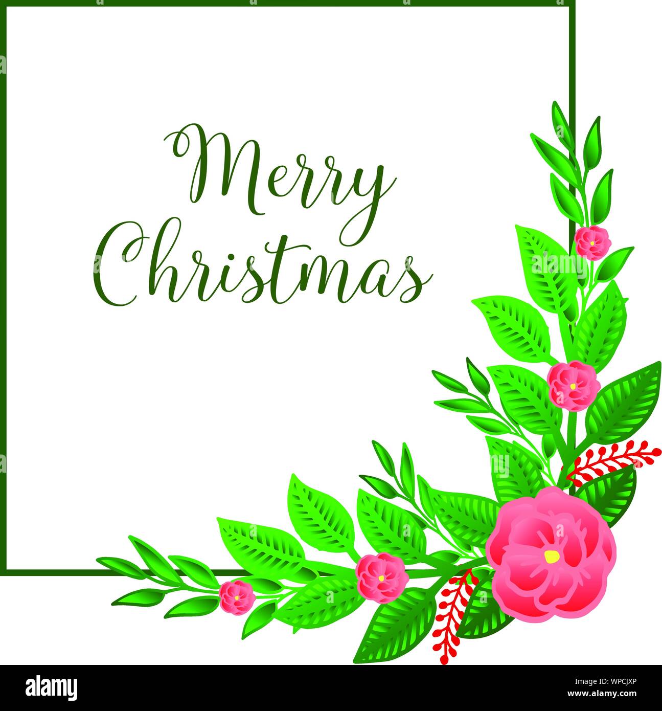 Lettering design merry christmas, with bright green leafy flower frame ...