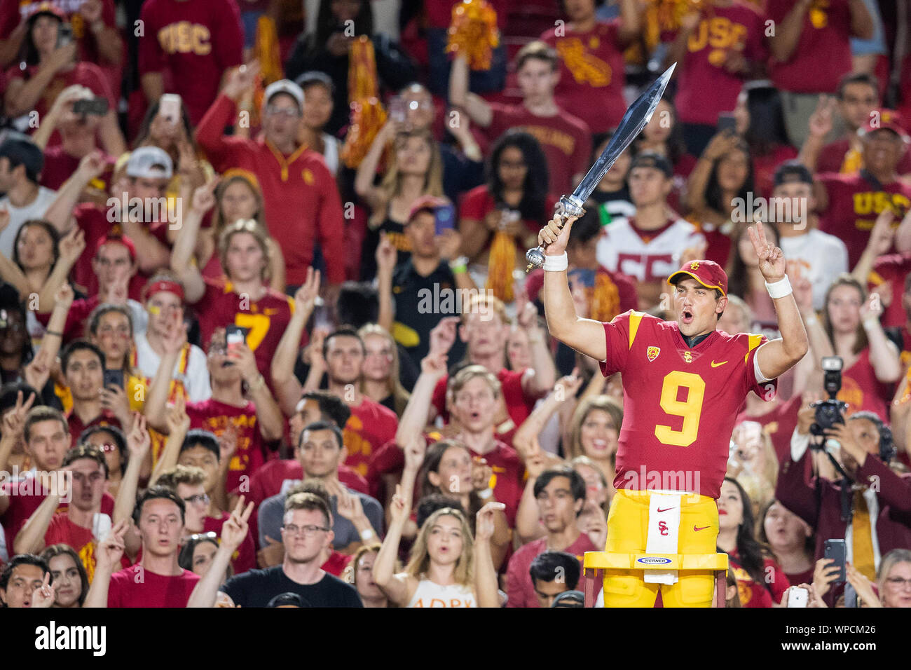 Los Angeles, CA. 7th Sep, 2019. USC quarterback (9) Kendon Slovis ...