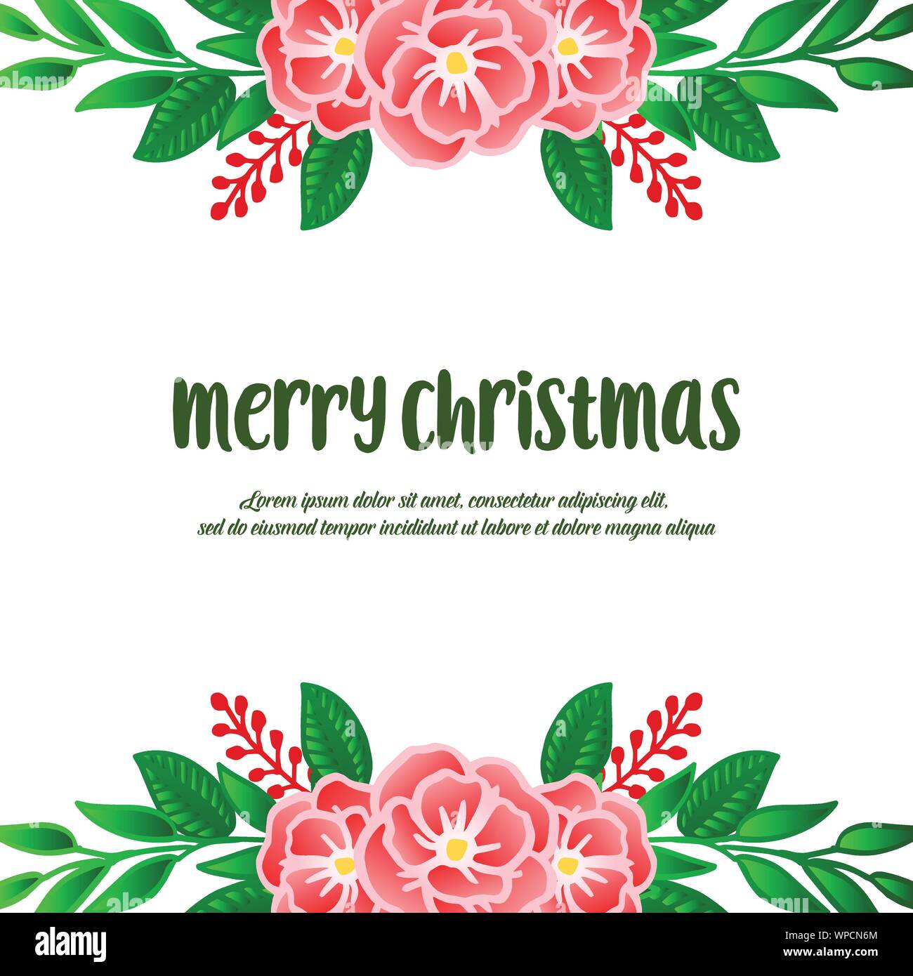 Template lettering merry christmas with vintage rose flower frame ...