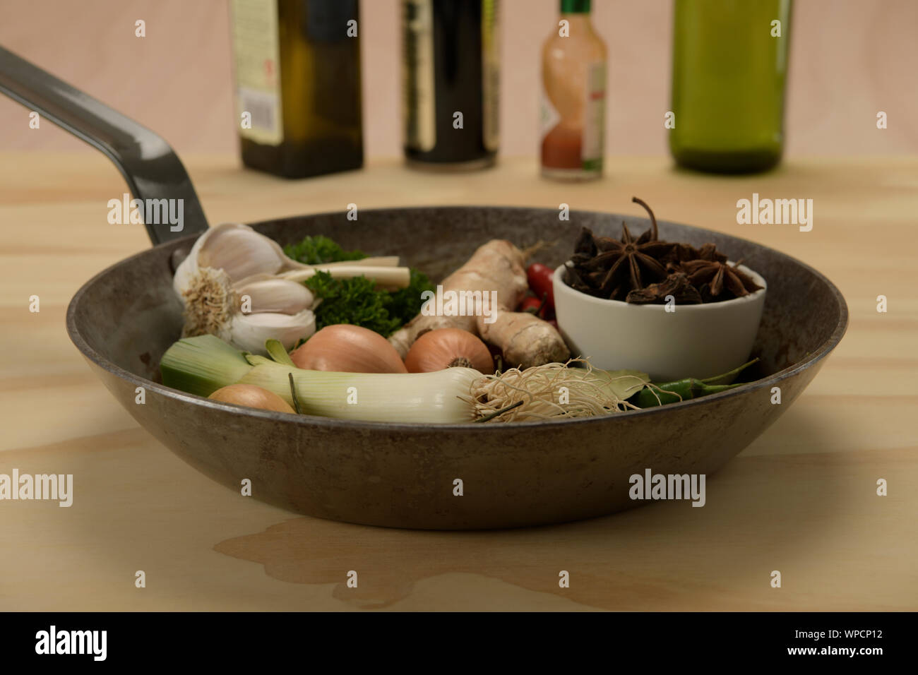Close up, food ingredients in frying pan, still life, group of objects ...