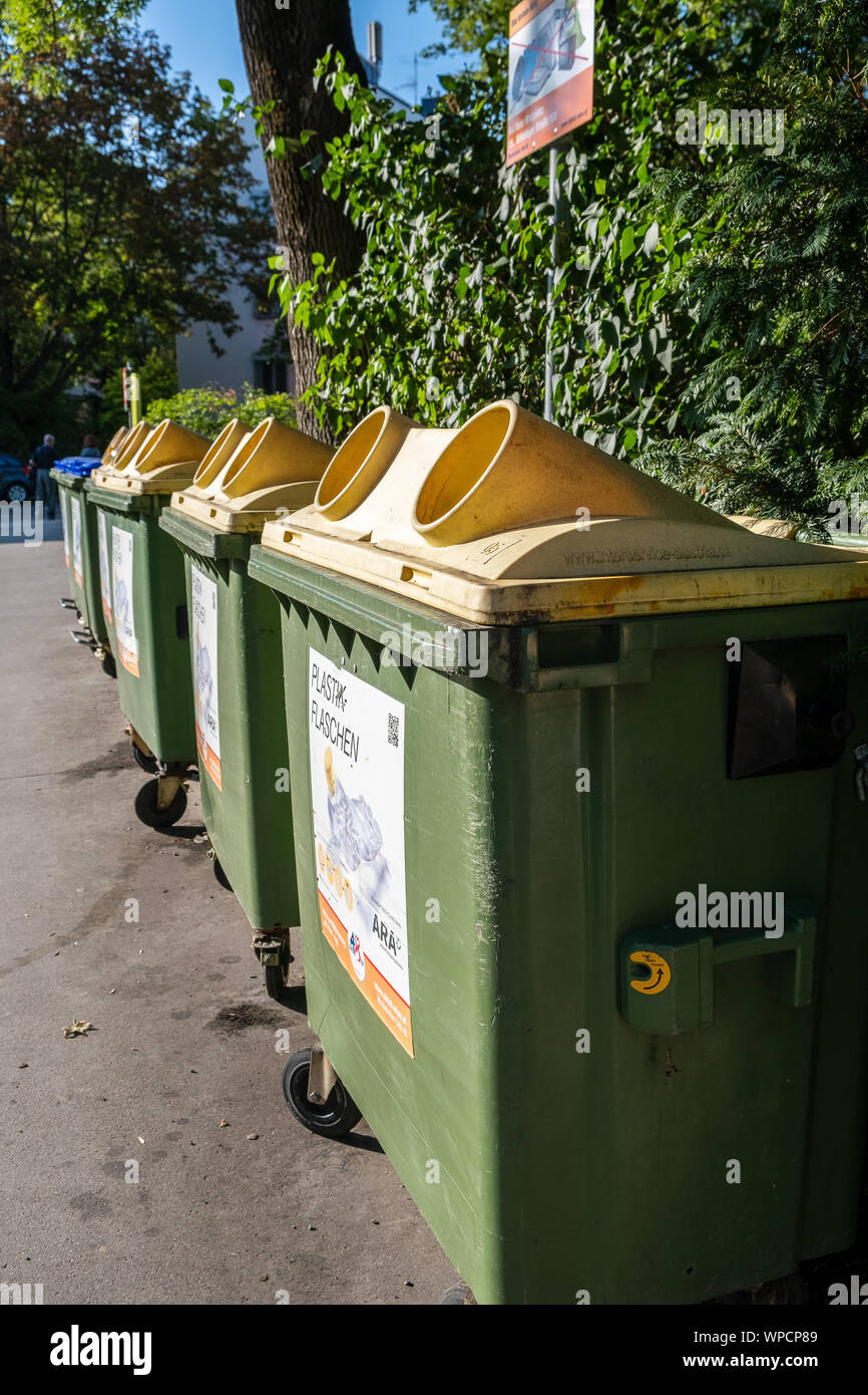 VIENNA, AUSTRIA - AUGUST 14, 2019: Garbage bins for recycling on the ...