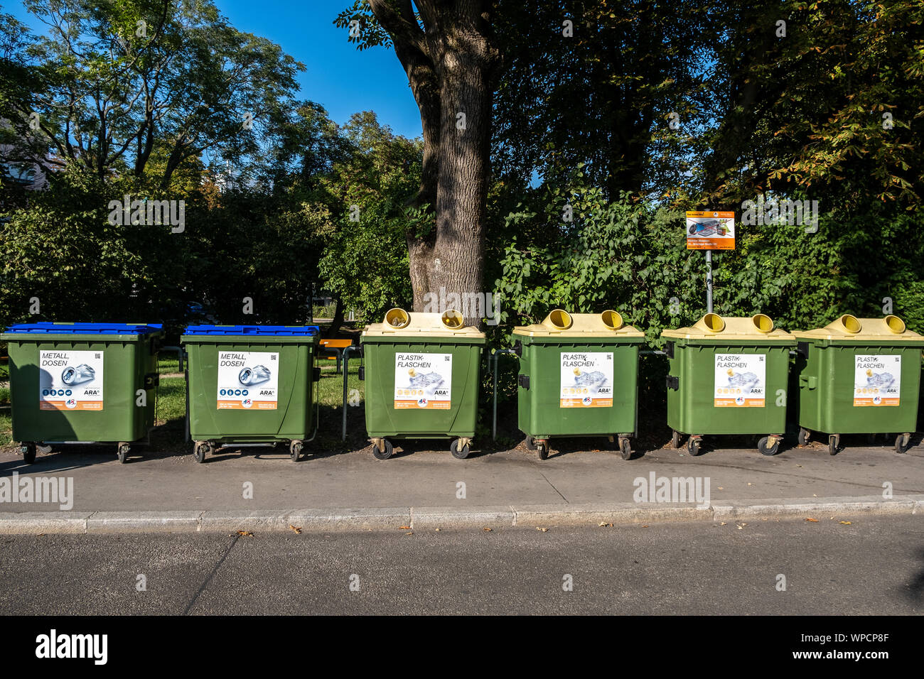 VIENNA, AUSTRIA - AUGUST 14, 2019: Garbage bins for recycling on the ...