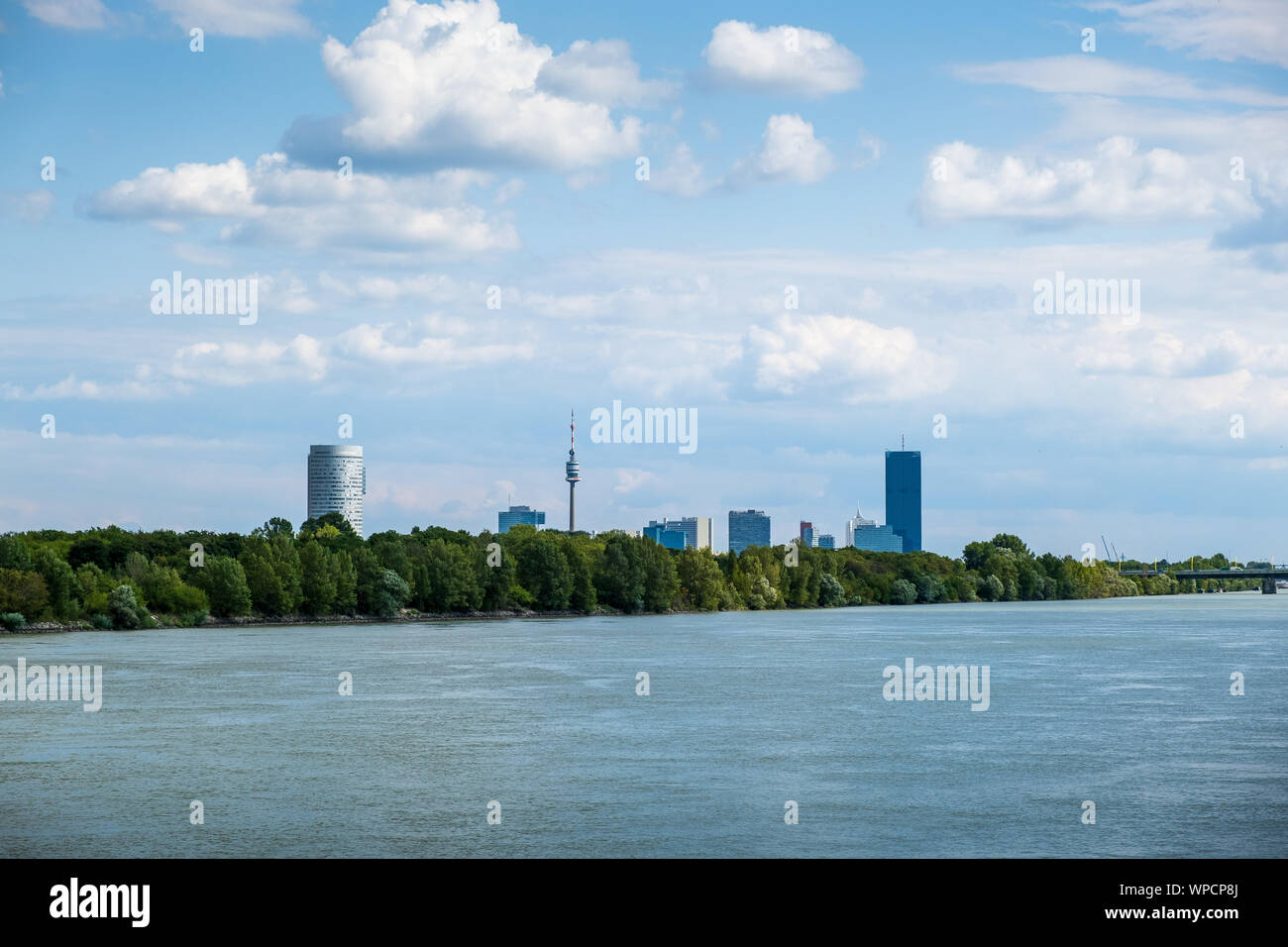 VIENNA, AUSTRIA - AUGUST 14, 2019: Summer landscape with river Danube ...