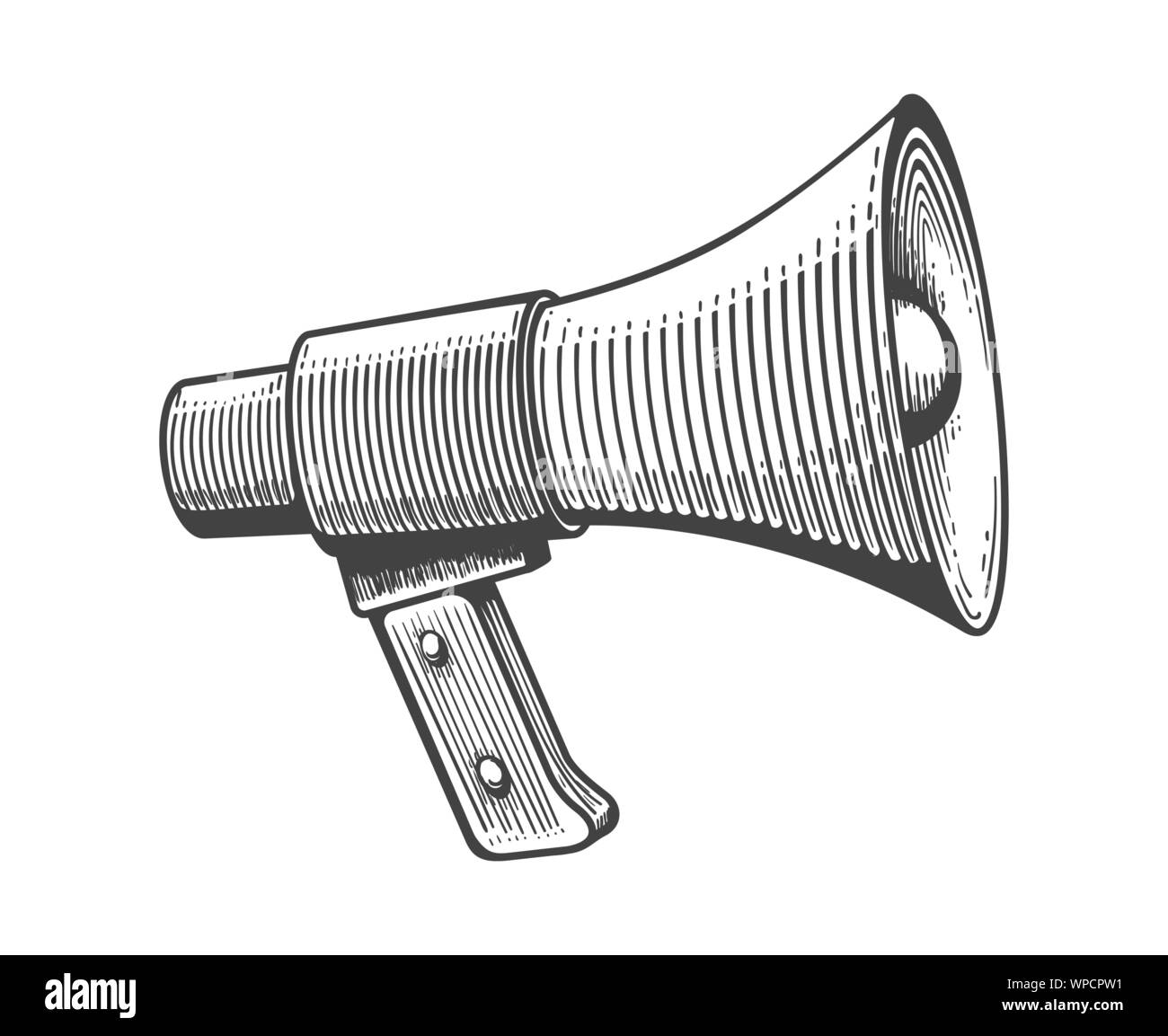 Vintage loudspeaker. Loudspeakers engraving for public announcements, doodle advertising ...