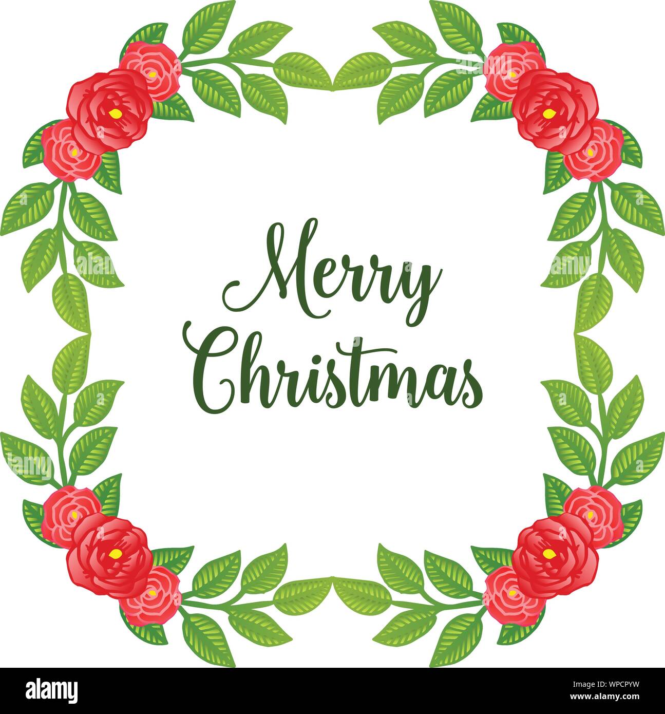 Bright red rose flower frame and beautiful green leaves, for lettering ...