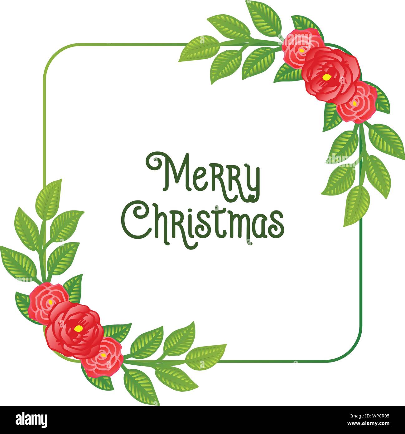 Bright red rose flower frame and beautiful green leaves, for lettering ...