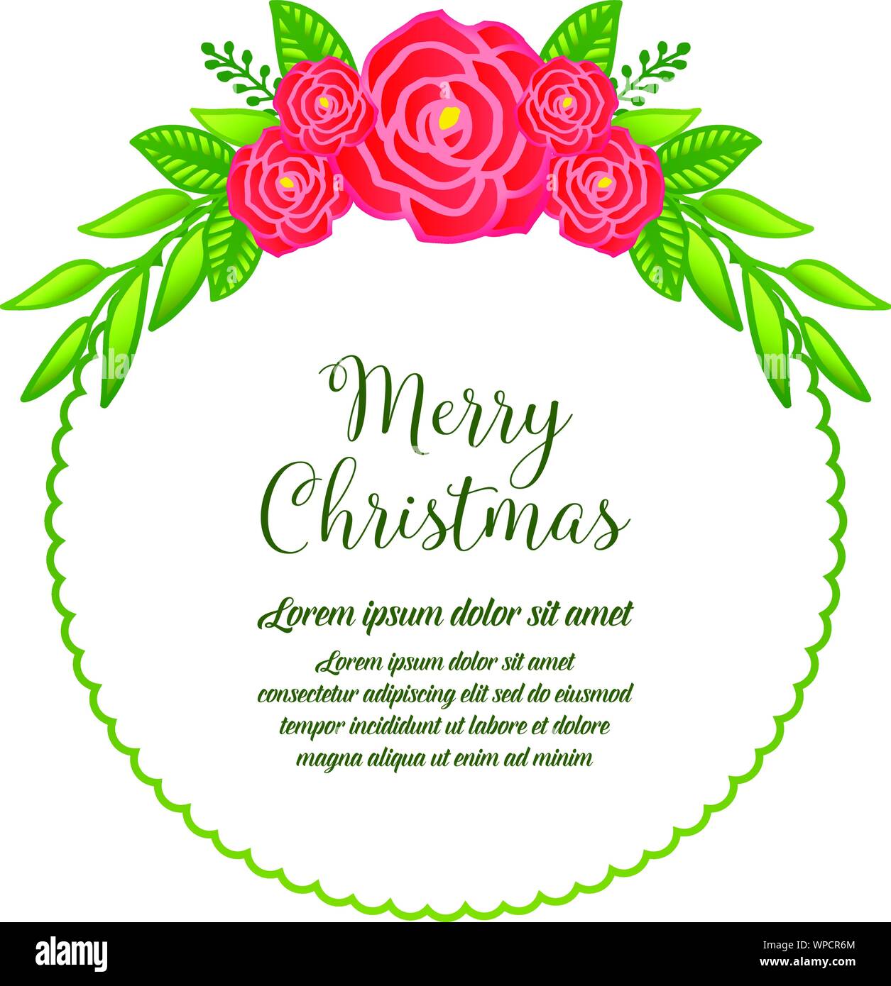 Bright red rose flower frame and beautiful green leaves, for lettering ...