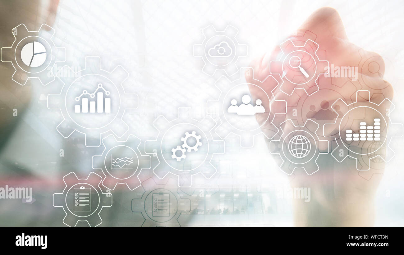 Business process abstract diagram with gears and icons. Workflow and ...