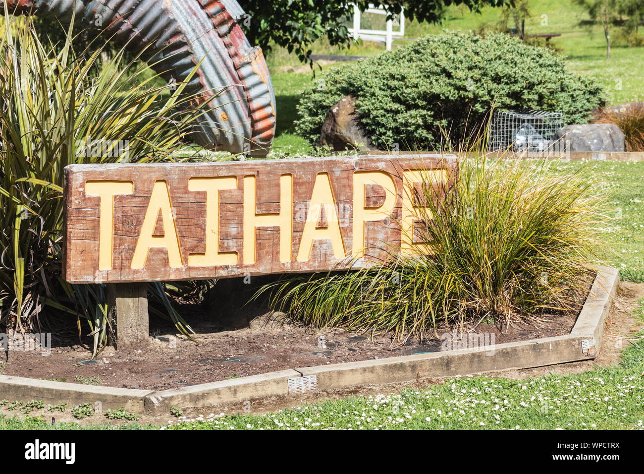 Taihape, New Zealand - December 17th 2017: Sign at the entrance to ...