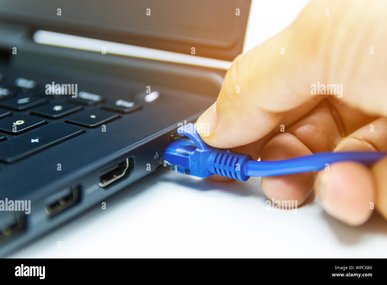 Closeup blue cable network connection to a Lan port of laptop computer ...